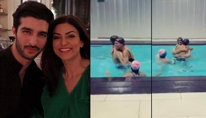 sushmita sen in a black monokini hugging rohman shawl in the swimming pool | દીકરીની સામે જ ...